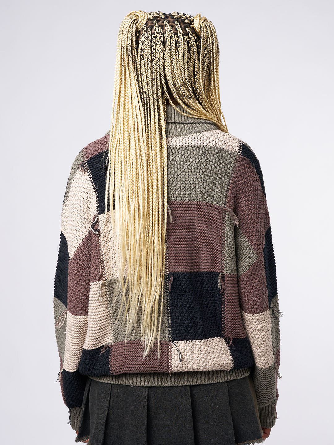 Flora Brown Green Beige Patchwork Knitted Cardigan | Minga London