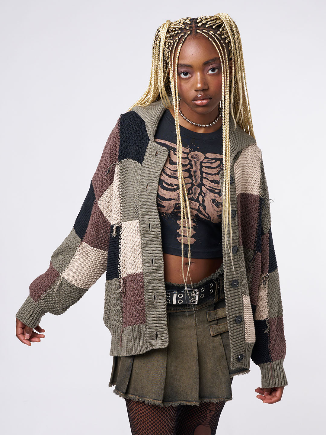 Flora Brown Green Beige Patchwork Knitted Cardigan | Minga London