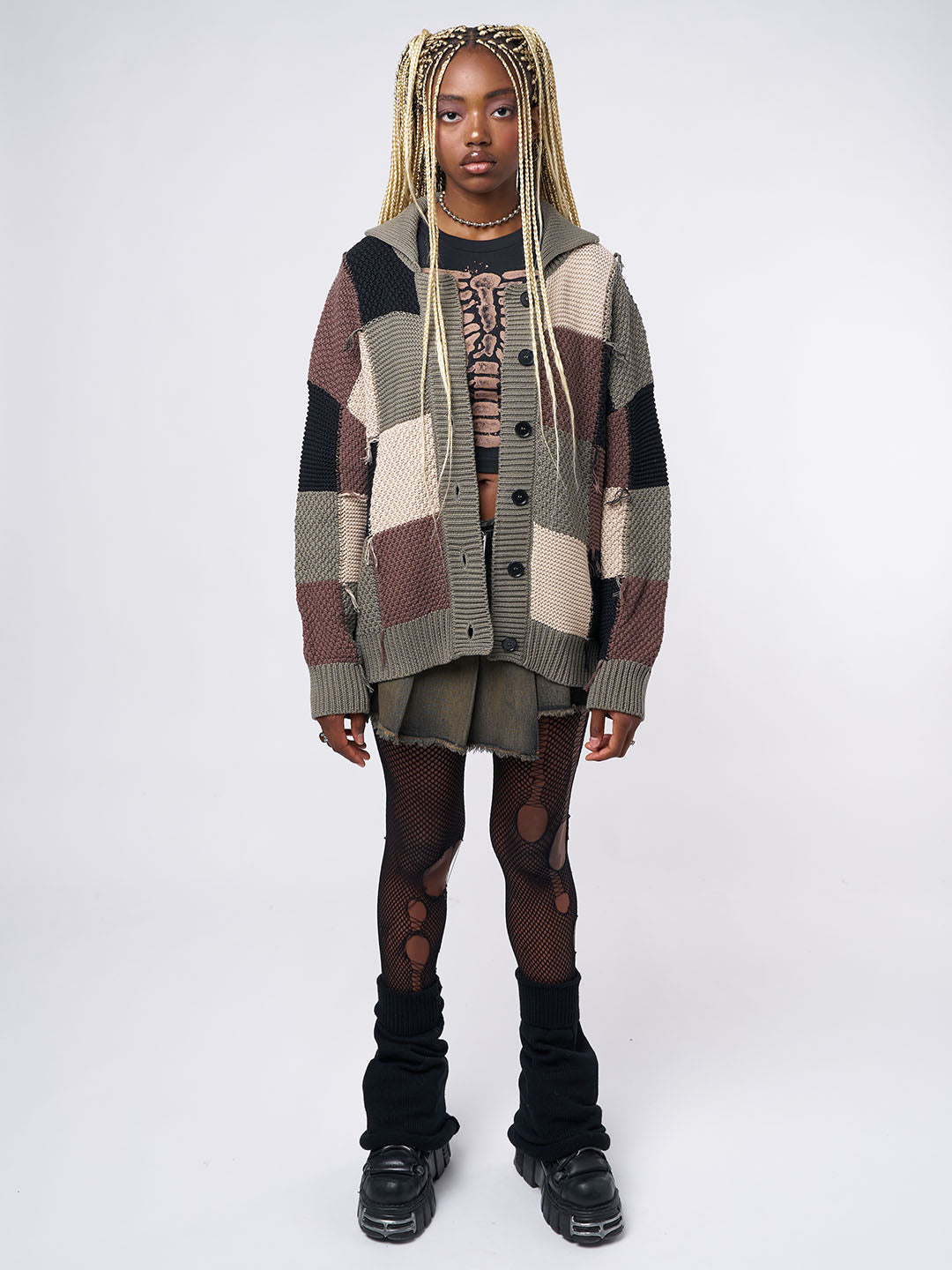 Flora Brown Green Beige Patchwork Knitted Cardigan | Minga London