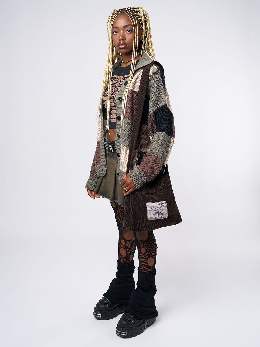 Flora Brown Green Beige Patchwork Knitted Cardigan | Minga London