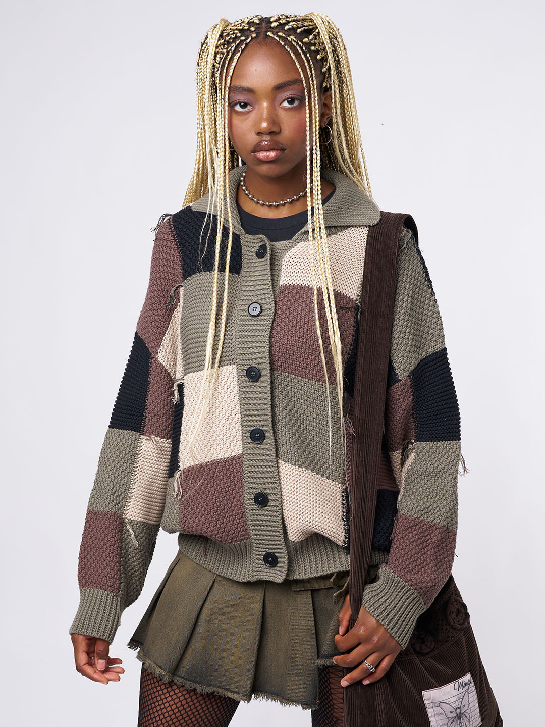 Flora Brown Green Beige Patchwork Knitted Cardigan | Minga London