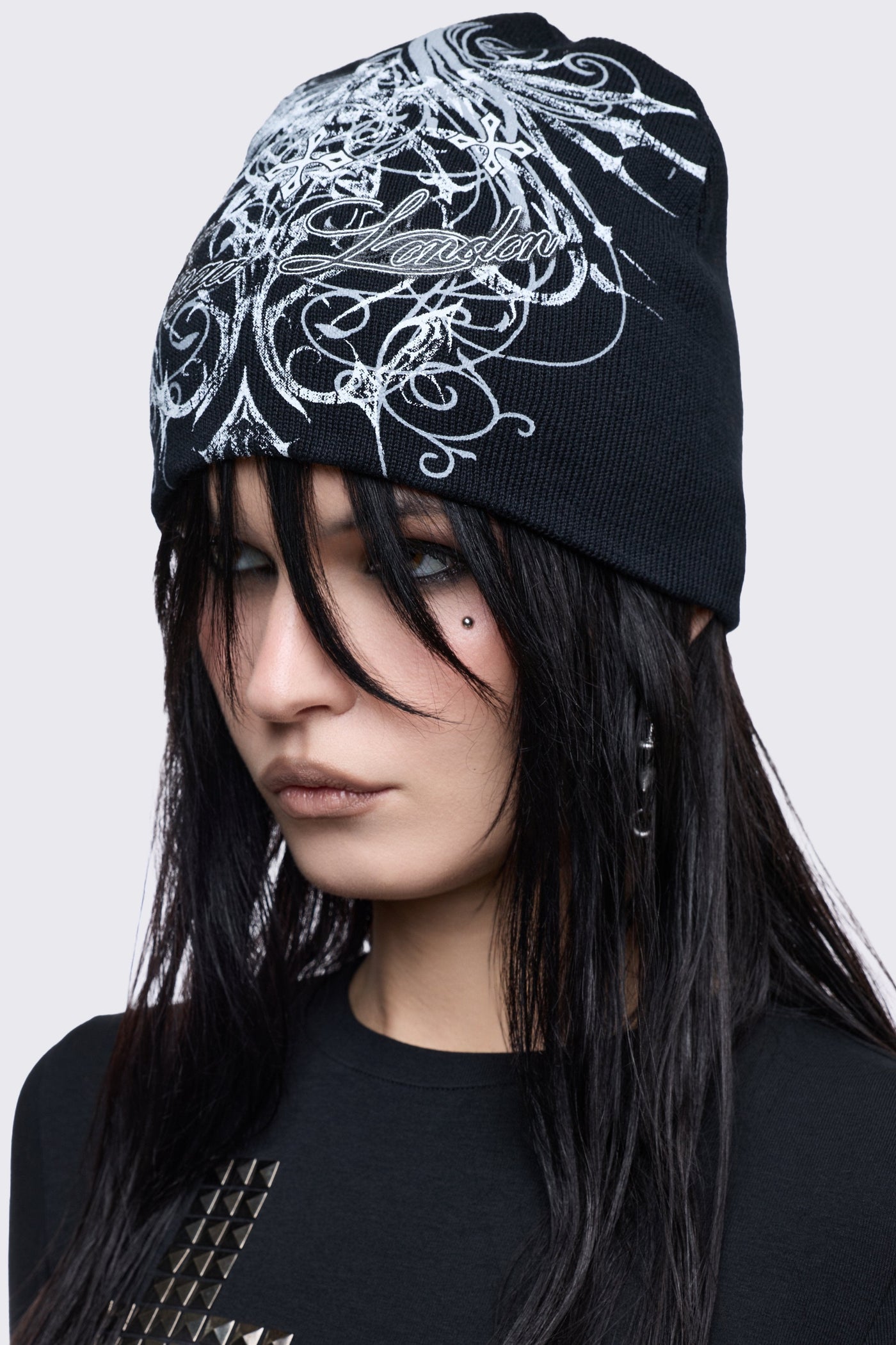 Black Beanie with Cross Design | Minga London