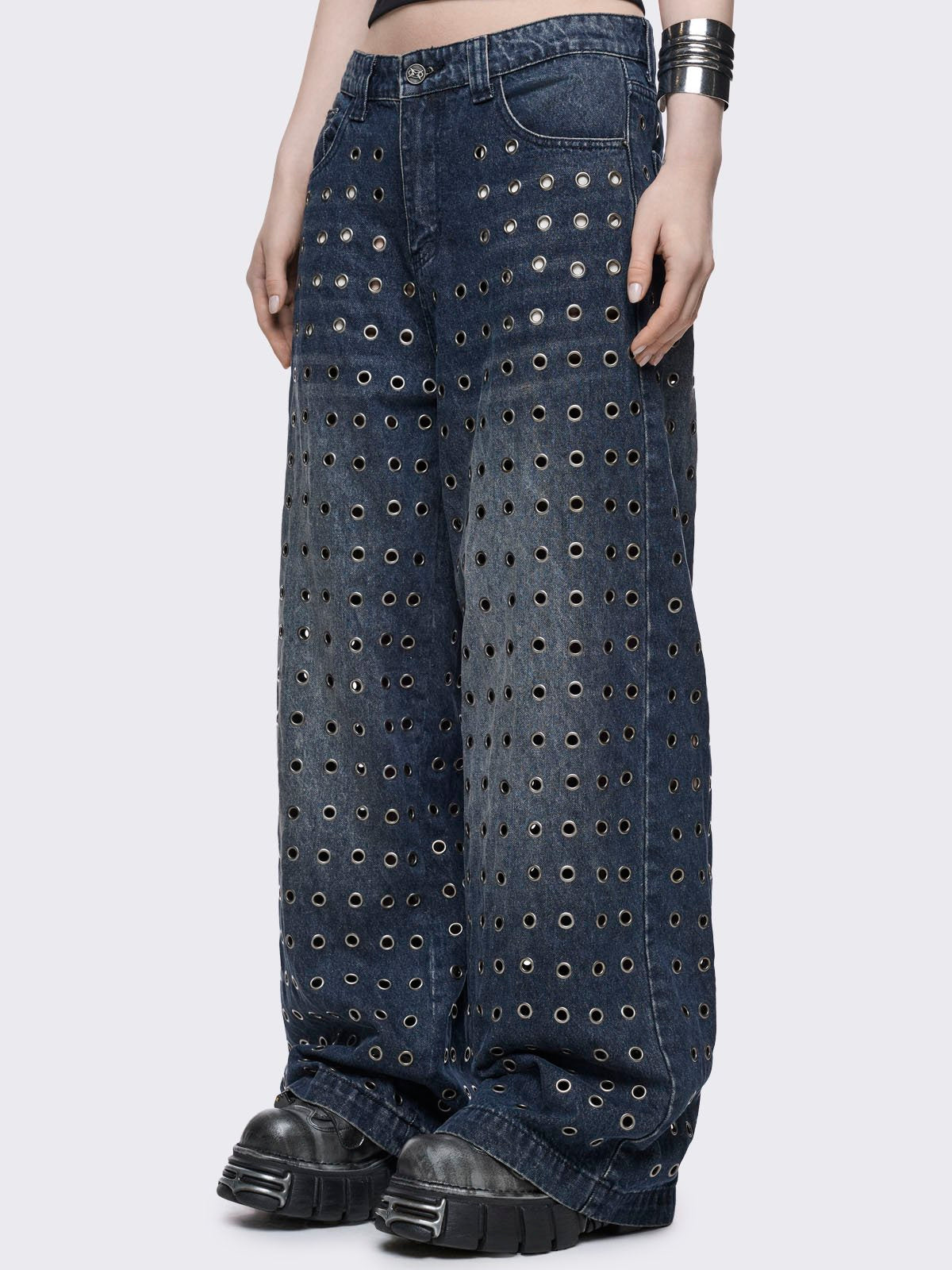 Baggy Eyelet Jeans in Blue | Minga London